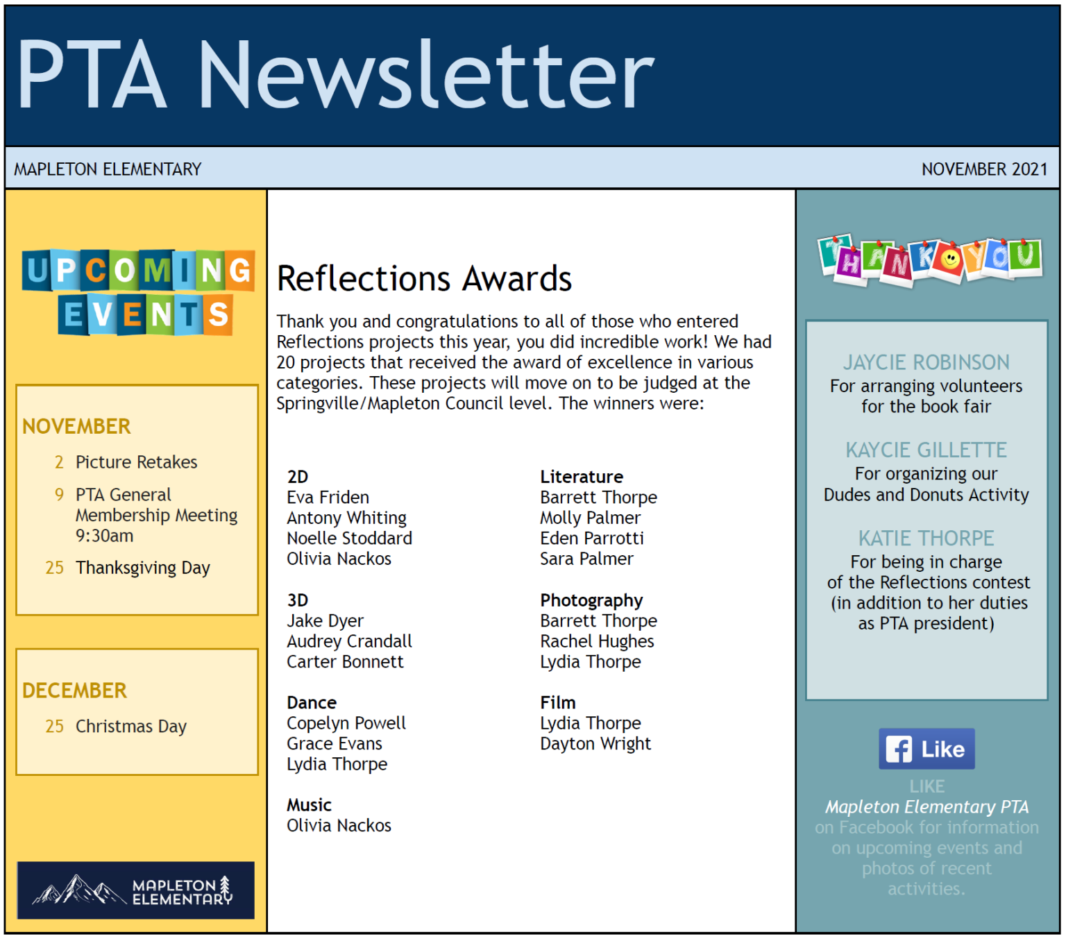 PTA Newsletter November 2021 – Mapleton Elementary PTA